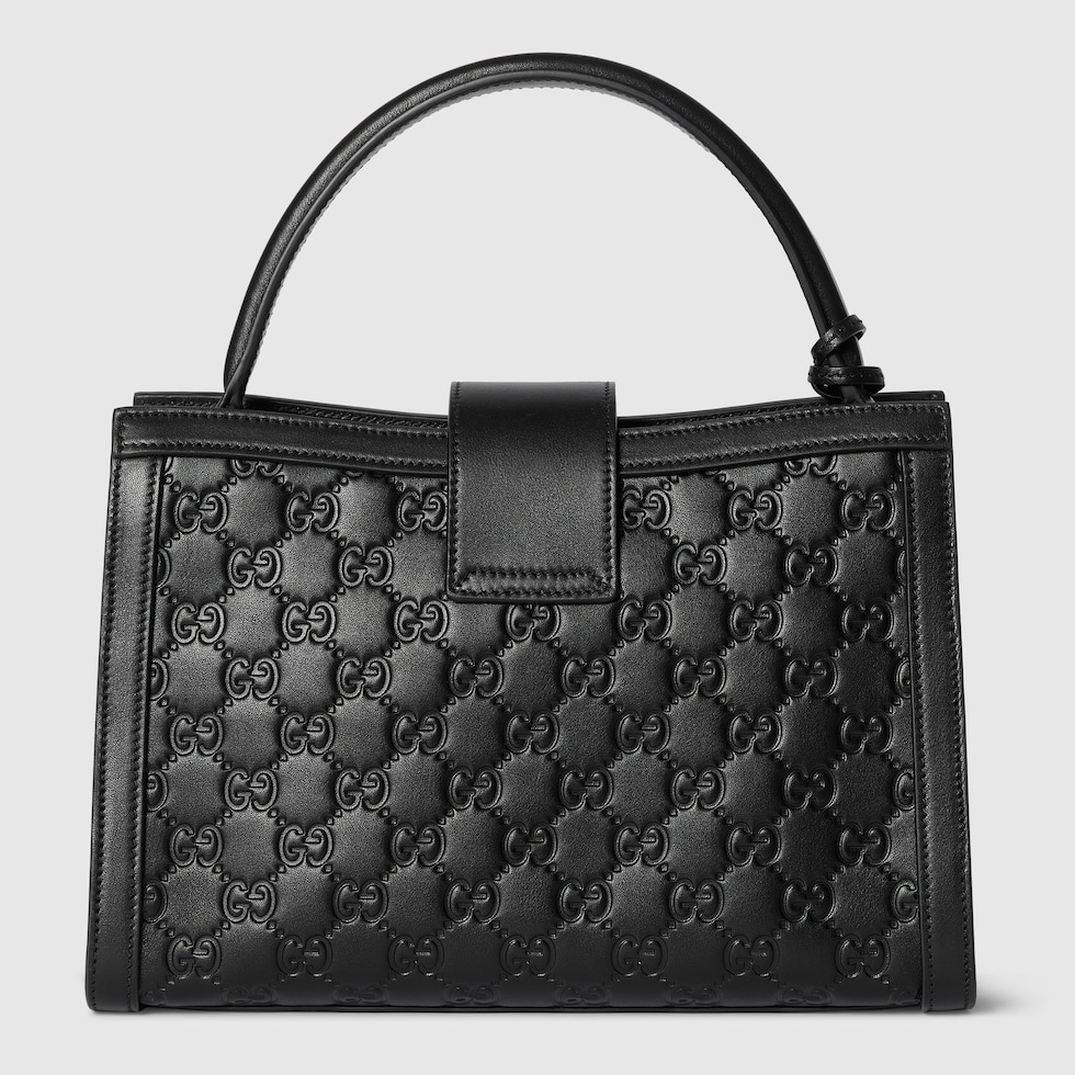 Padlock medium top handle bag in black GG leather | GUCCI® SA