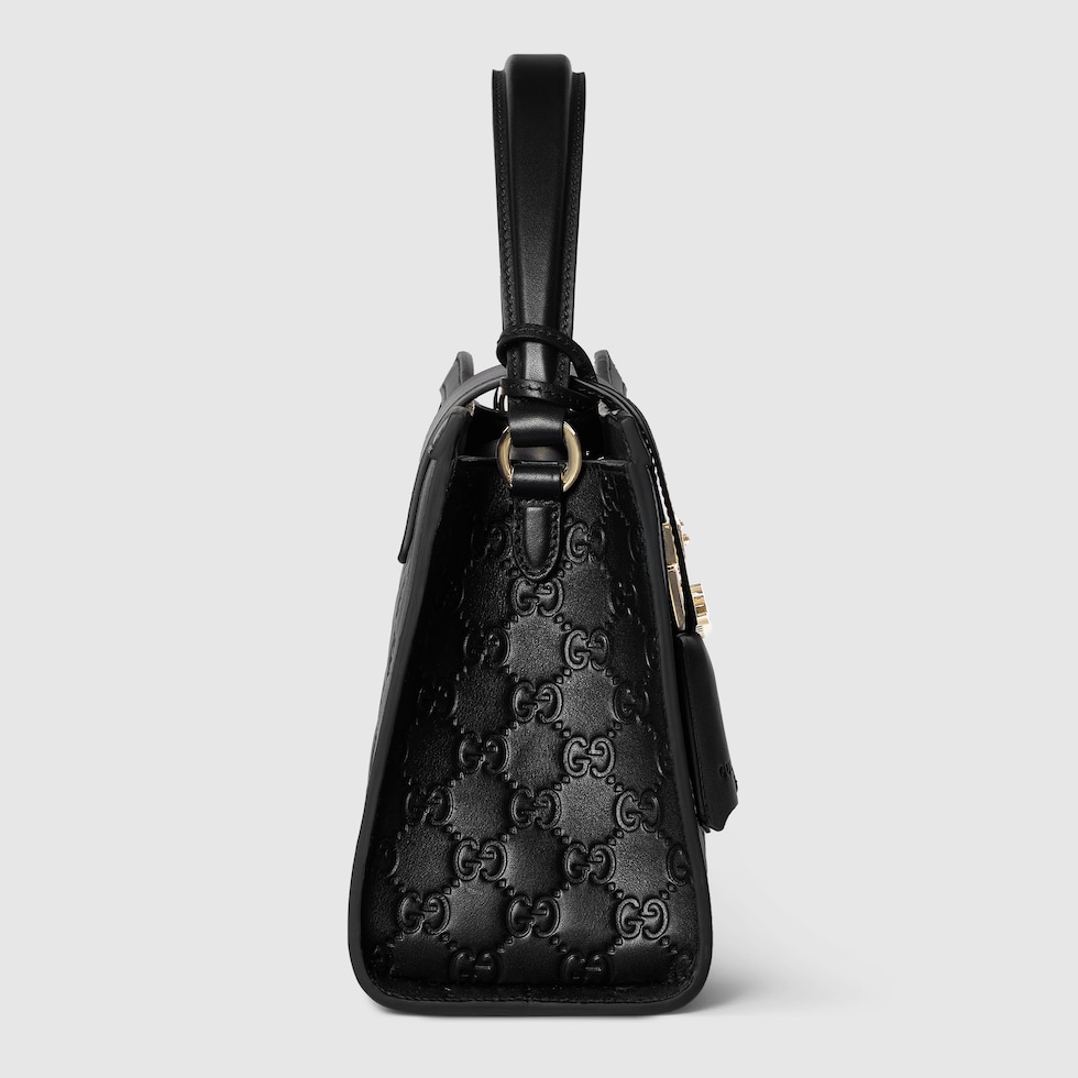 Padlock medium top handle bag in black GG leather | GUCCI® SA