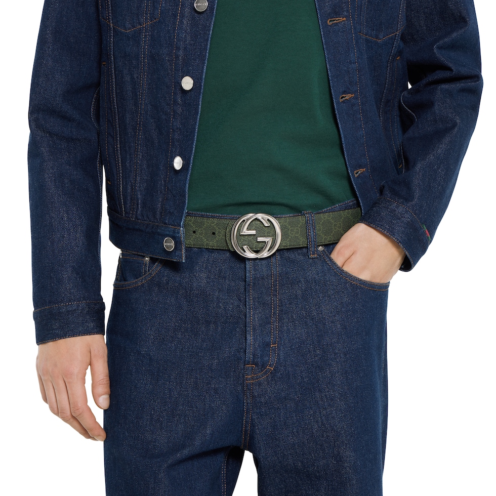 Cinturón reversible con monograma GG en tejido con GG verde bosque ...