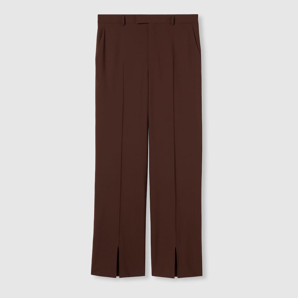 Stretch wool pants with embroidery in brown | GUCCI® AE