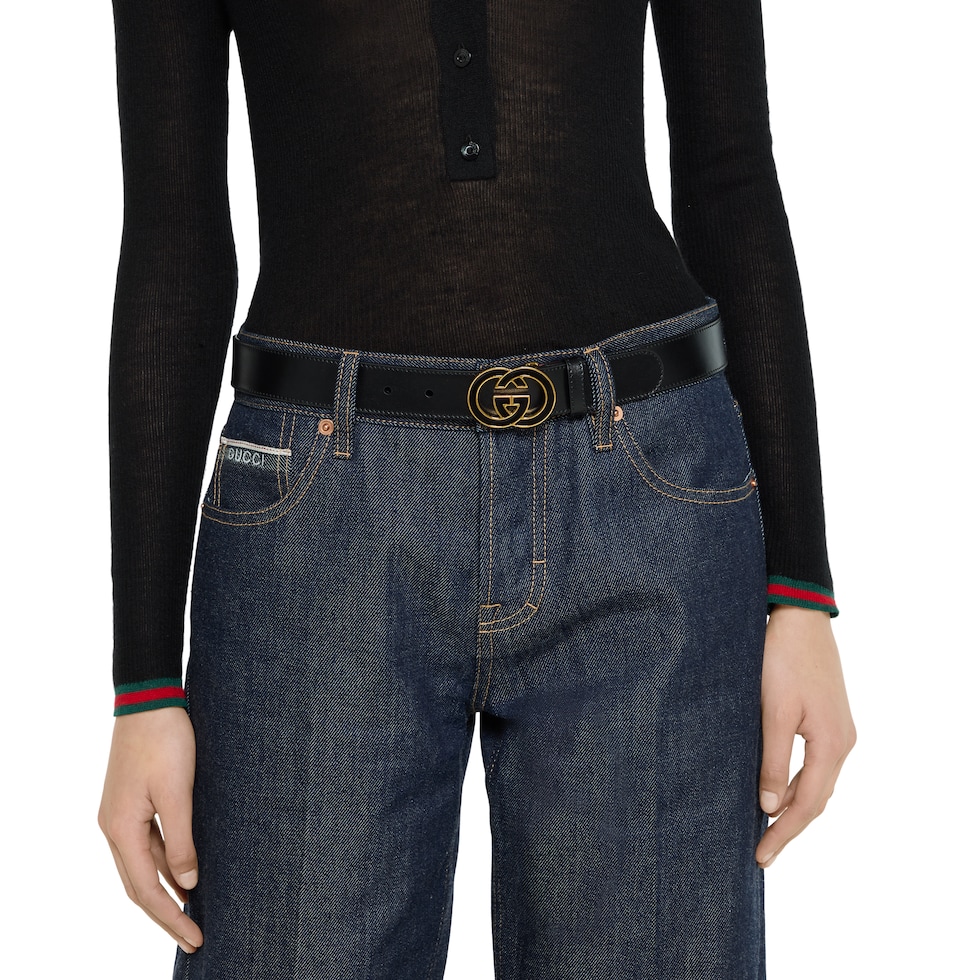 Belt with Interlocking G buckle in black and Rosso Ancora leather ...