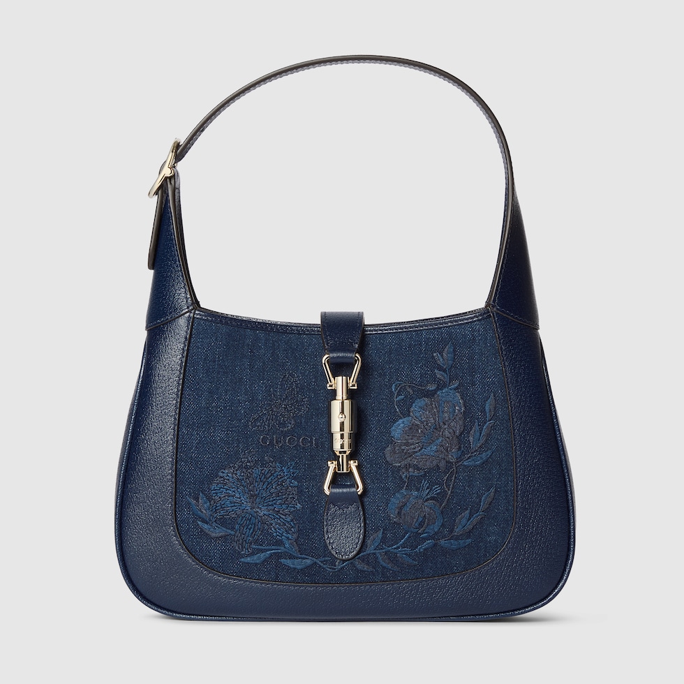 Gucci Jackie 1961 embroidered medium bag in dark blue denim | GUCCI® IE