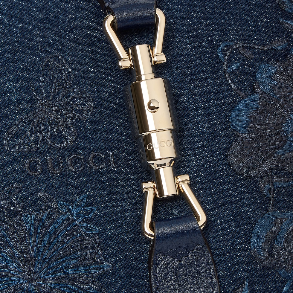 Gucci Jackie 1961 embroidered medium bag in dark blue denim | GUCCI® SI