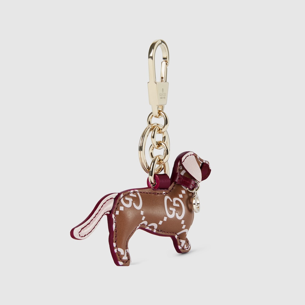 Dog-shaped bag charm in brown and pink GG leather | GUCCI® CH