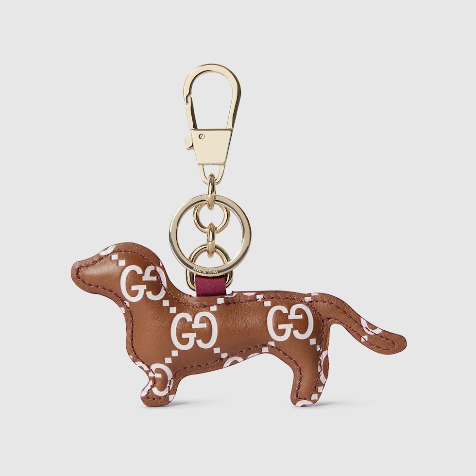 Dog-shaped bag charm in brown and pink GG leather | GUCCI® US