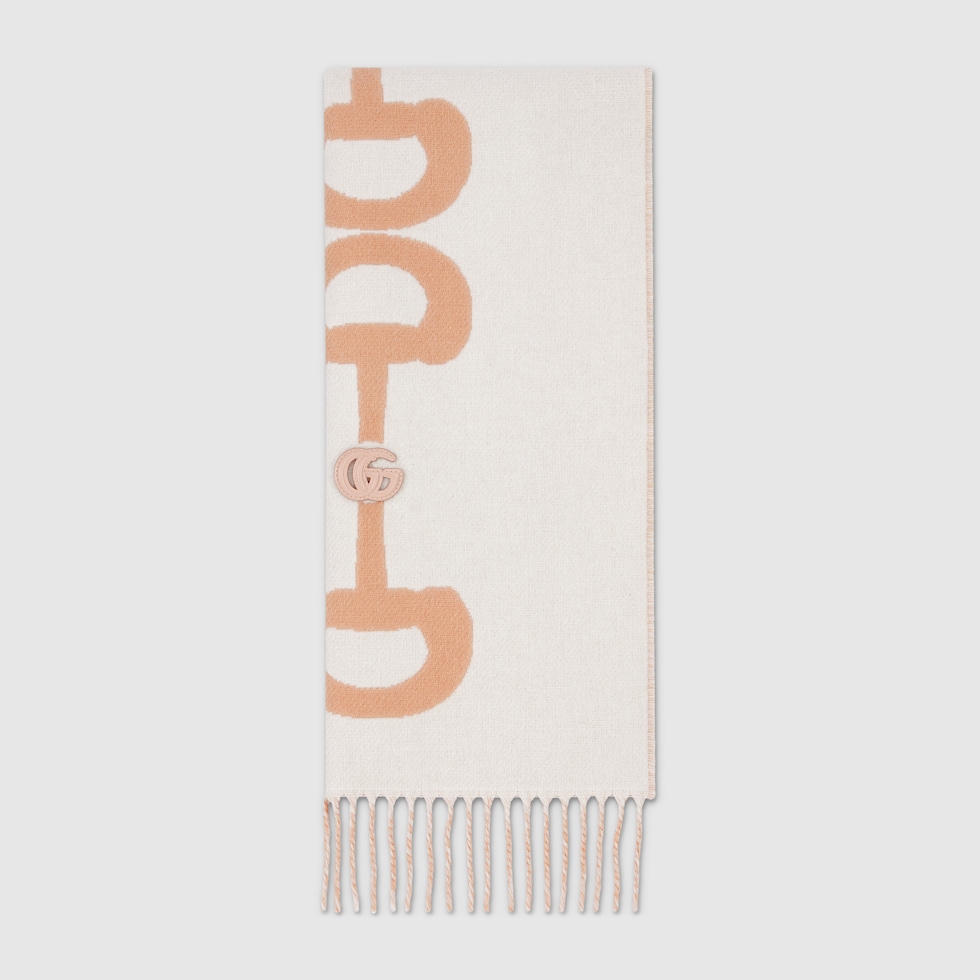 Wool cashmere scarf with intarsia in white and pink | GUCCI® NZ