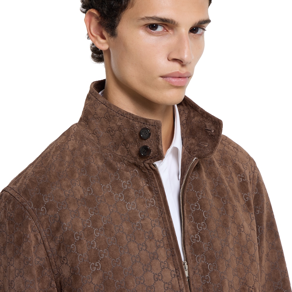 Embossed GG suede bomber jacket in brown | GUCCI® UK