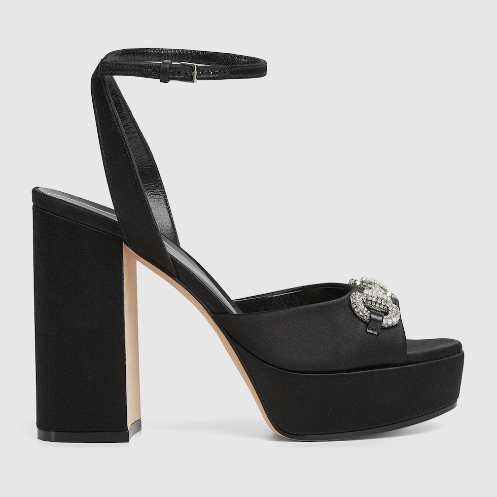 Women's platform sandal with crystal Horsebit in black satin | GUCCI® CA