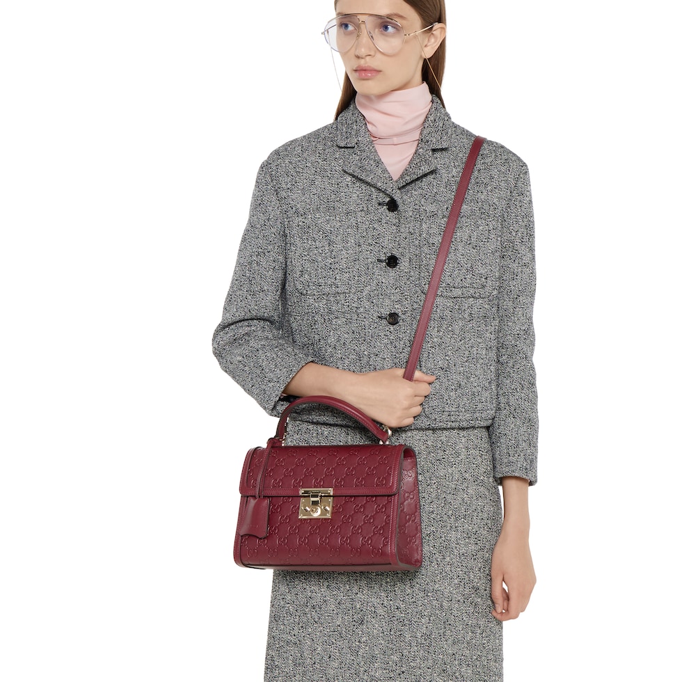 Padlock medium top handle bag in Rosso Ancora red GG leather | GUCCI® AE