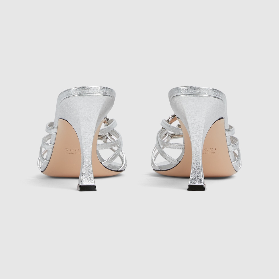 Women's slide sandal with crystal Interlocking G in silver leather ...