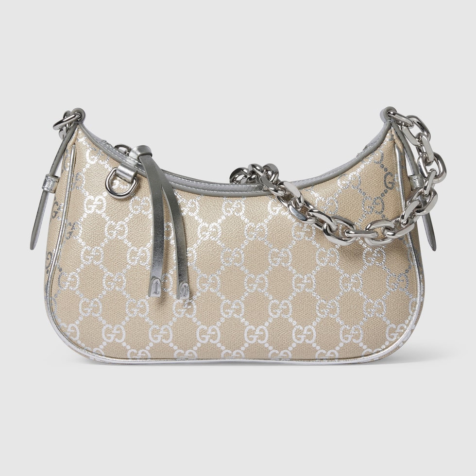 GG Emblem small shoulder bag in silver GG fabric | GUCCI® SG
