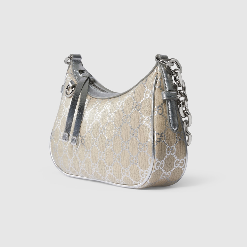 GG Emblem small shoulder bag in silver GG fabric | GUCCI® SG
