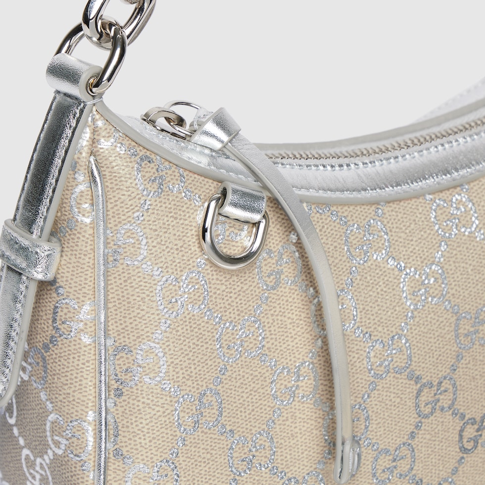 GG Emblem small shoulder bag in silver GG fabric | GUCCI® SG