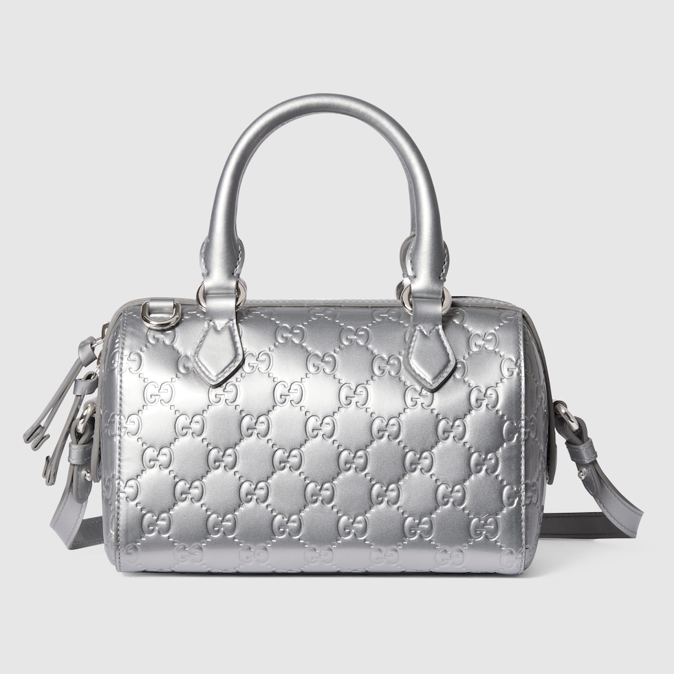 GG Emblem small boston bag in silver GG leather | GUCCI® SG