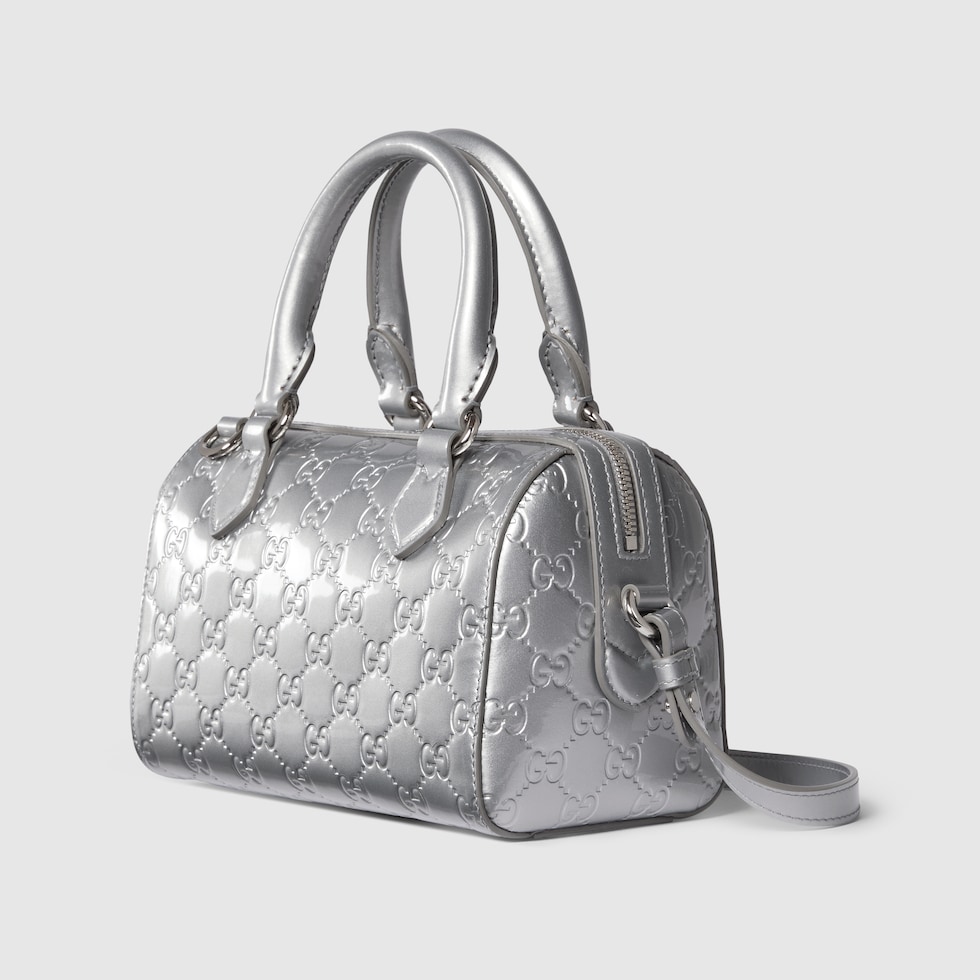 GG Emblem small boston bag in silver GG leather | GUCCI® SG