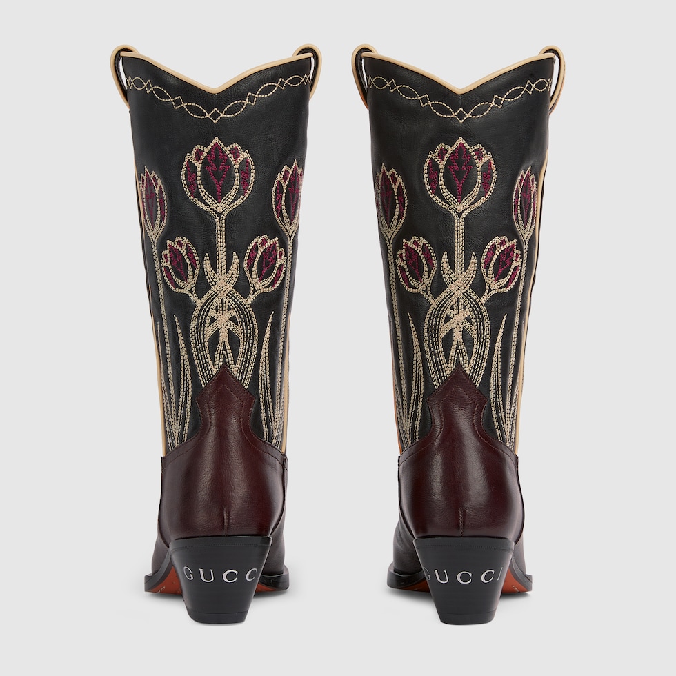 Women's boot with embroidery in black leather | GUCCI® UK