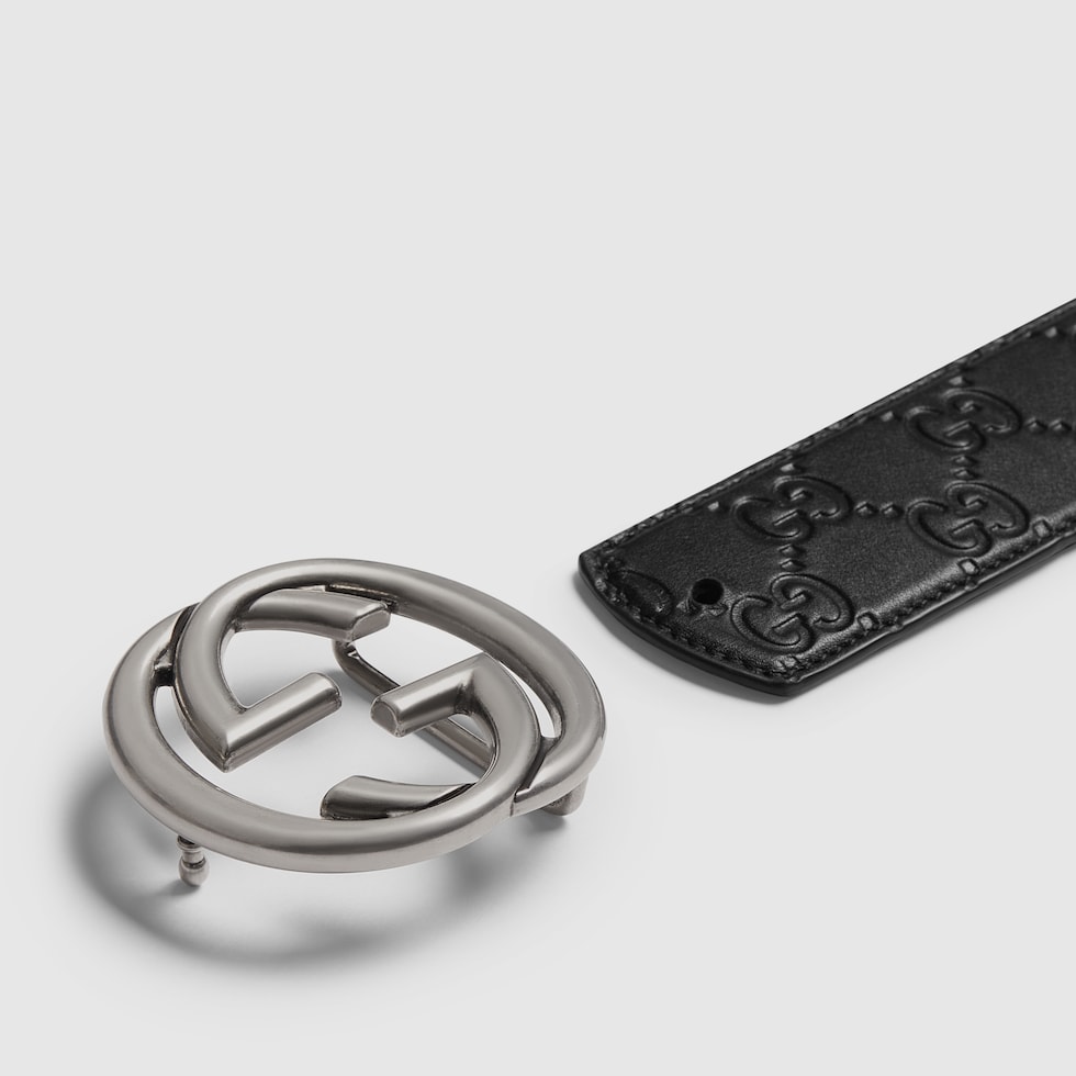 Reversible belt with Interlocking G buckle in black GG leather | GUCCI® US