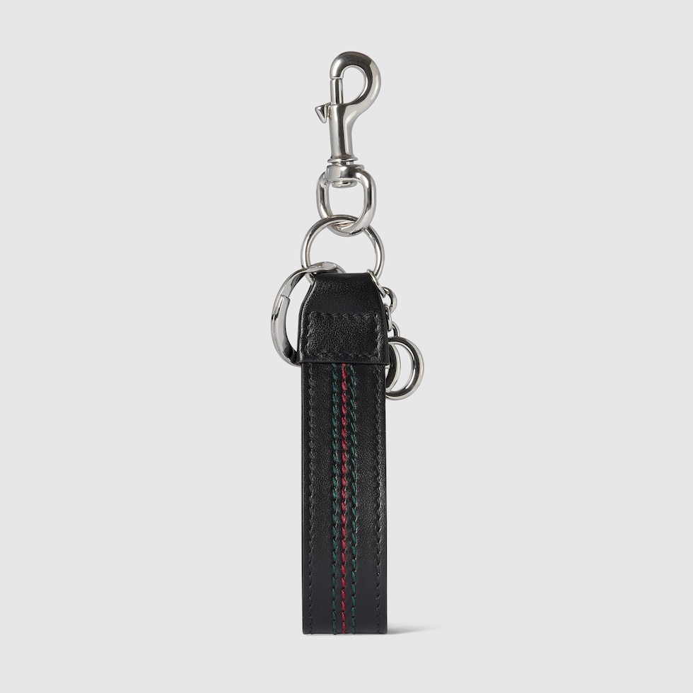 Double G keychain with Web detail in black leather | GUCCI® US