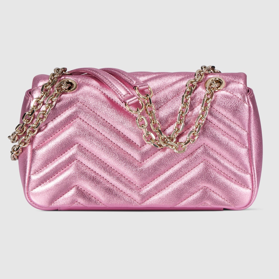 GG Marmont small shoulder bag in bright pink lamé leather | GUCCI® UK