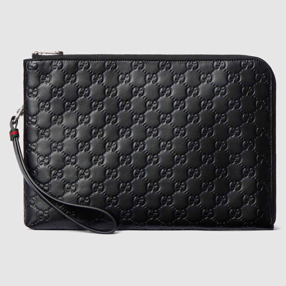 Pouch GG Emblem in pelle GG nera | GUCCI® IT