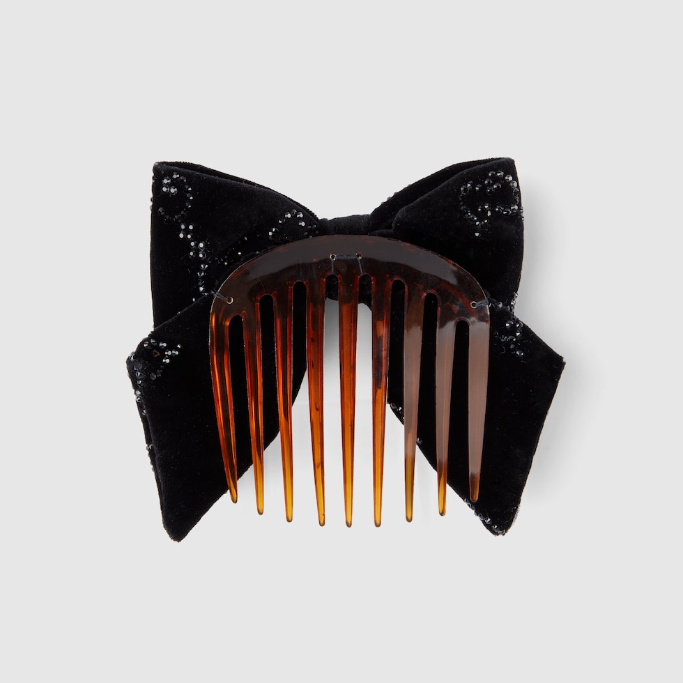 Soft velvet hair slide with crystals in black | GUCCI® CA