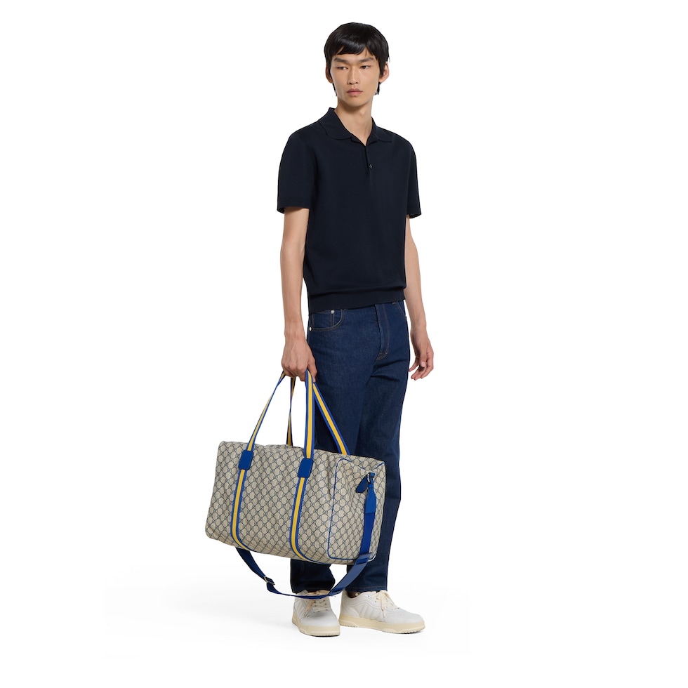 Medium duffle bag with Web in beige and blue GG Supreme | GUCCI® US