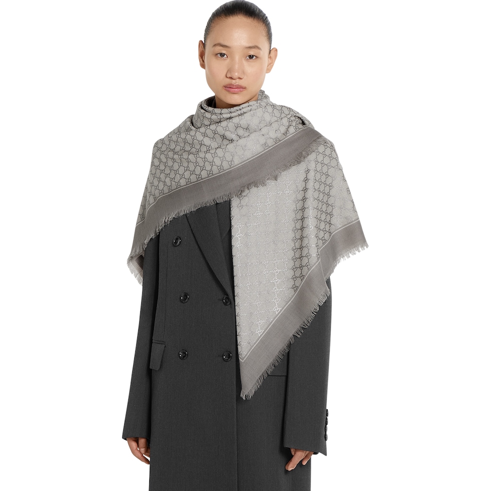 Laminated GG wool shawl in light grey | GUCCI® US