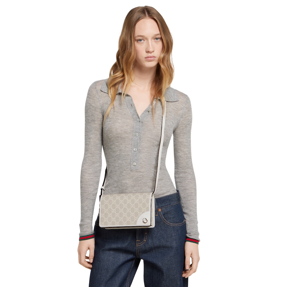 GG Emblem wallet with leather strap in beige and white fabric | GUCCI® US