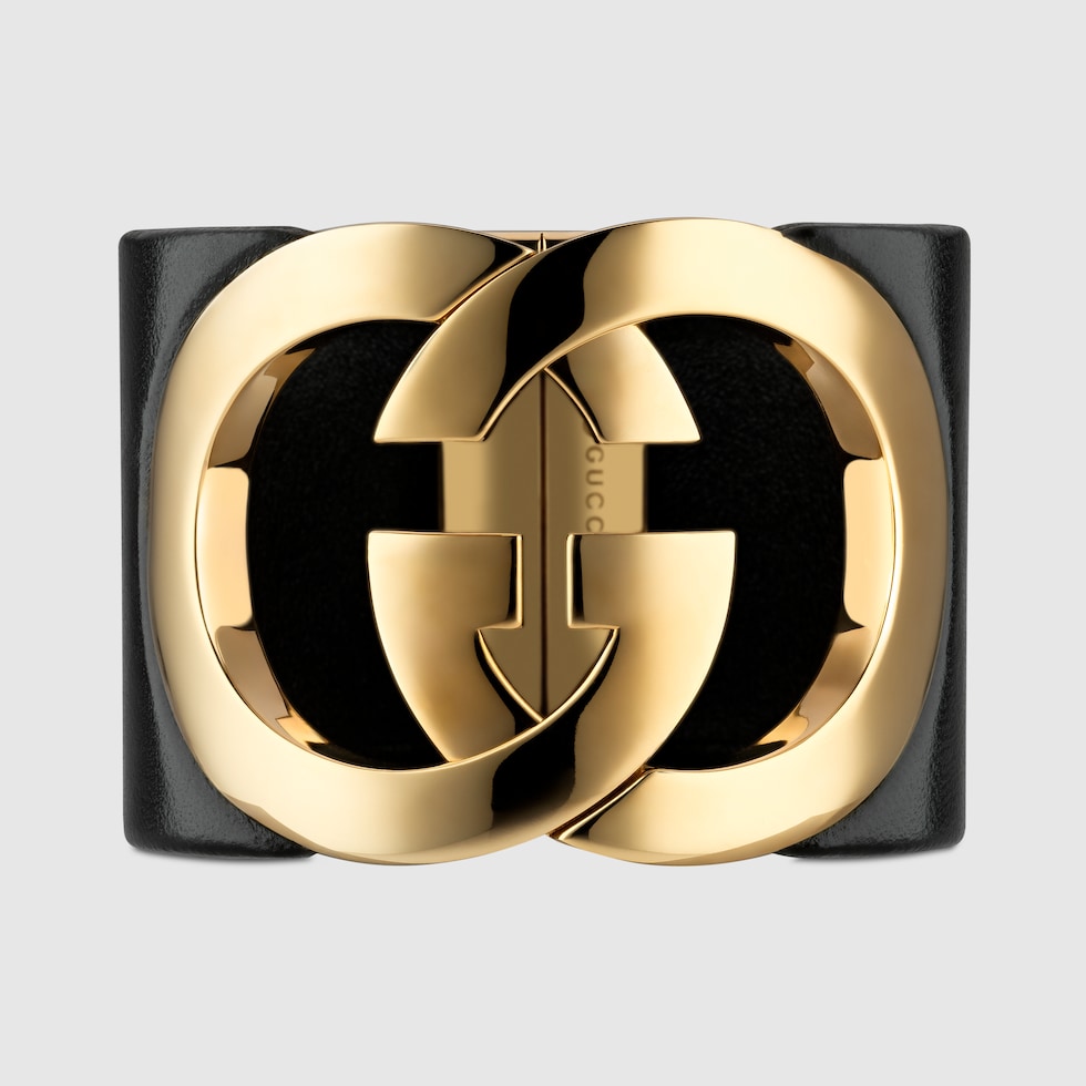 Gucci Interlocking cuff bracelet in black leather | GUCCI® US