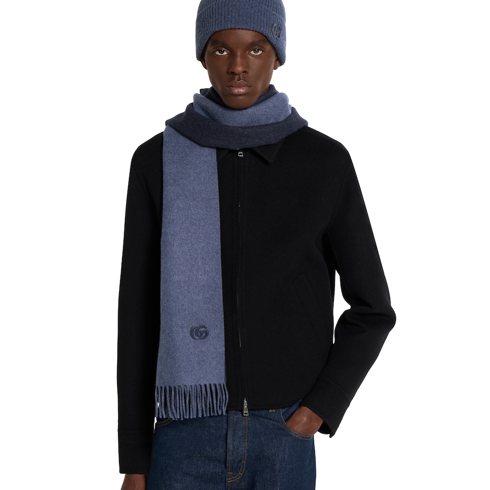 Cashmere scarf with patch in dark blue and blue | GUCCI® NZ