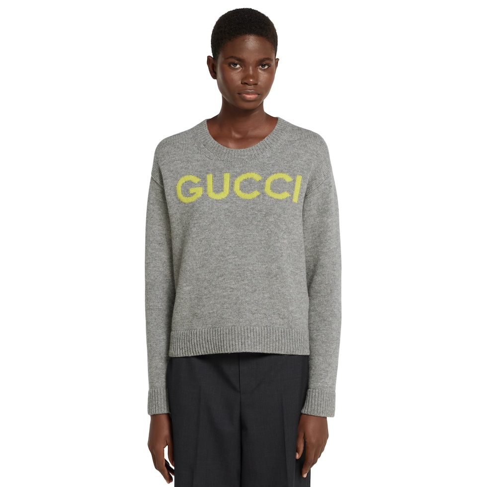 Maglia in lana con intarsio Gucci in grigio | GUCCI® IT