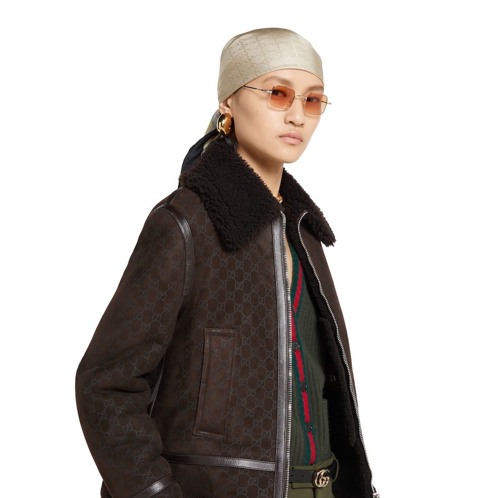 Printed suede shearling jacket in dark brown | GUCCI® US