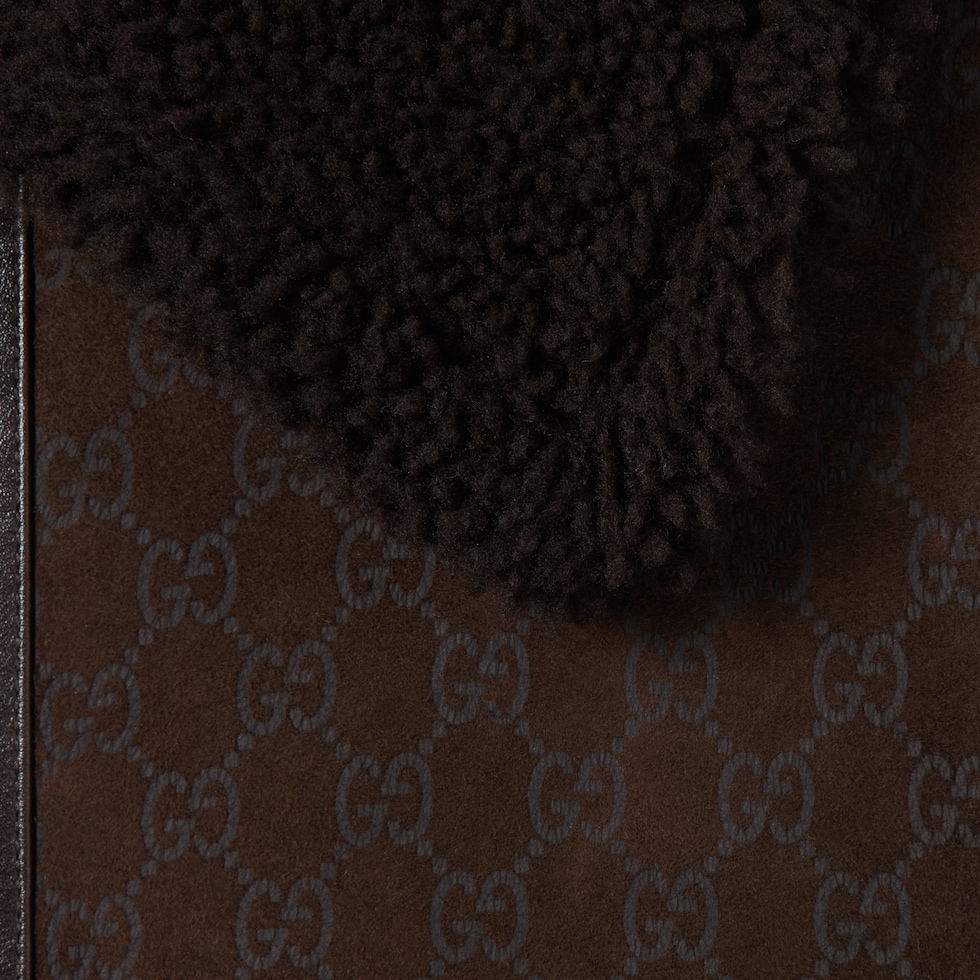 Printed suede shearling jacket in dark brown | GUCCI® US