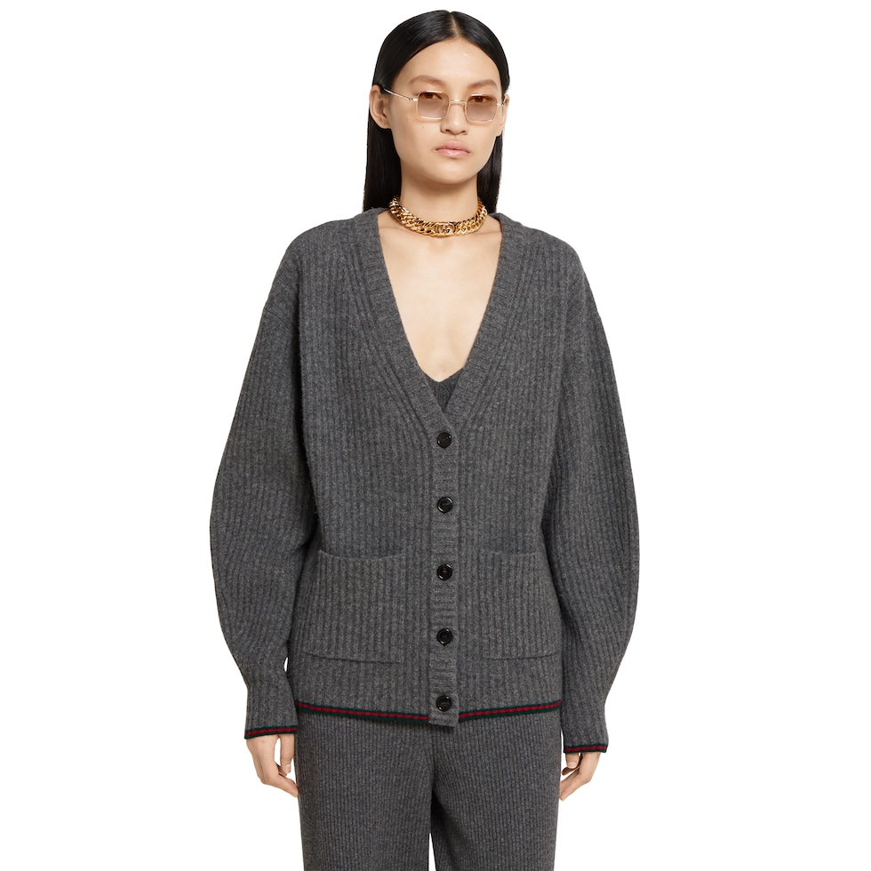 Rib felted wool cardigan with Web in dark grey | GUCCI® UK