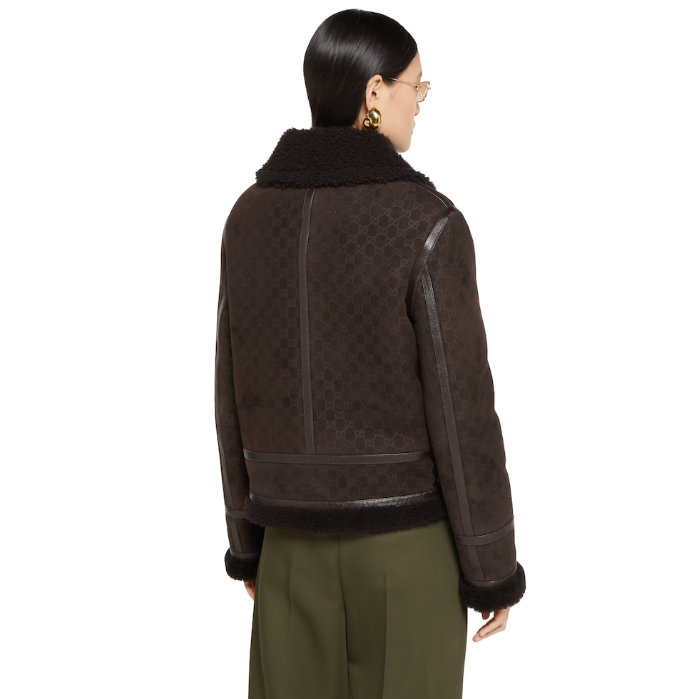 Printed suede shearling jacket in dark brown | GUCCI® CA