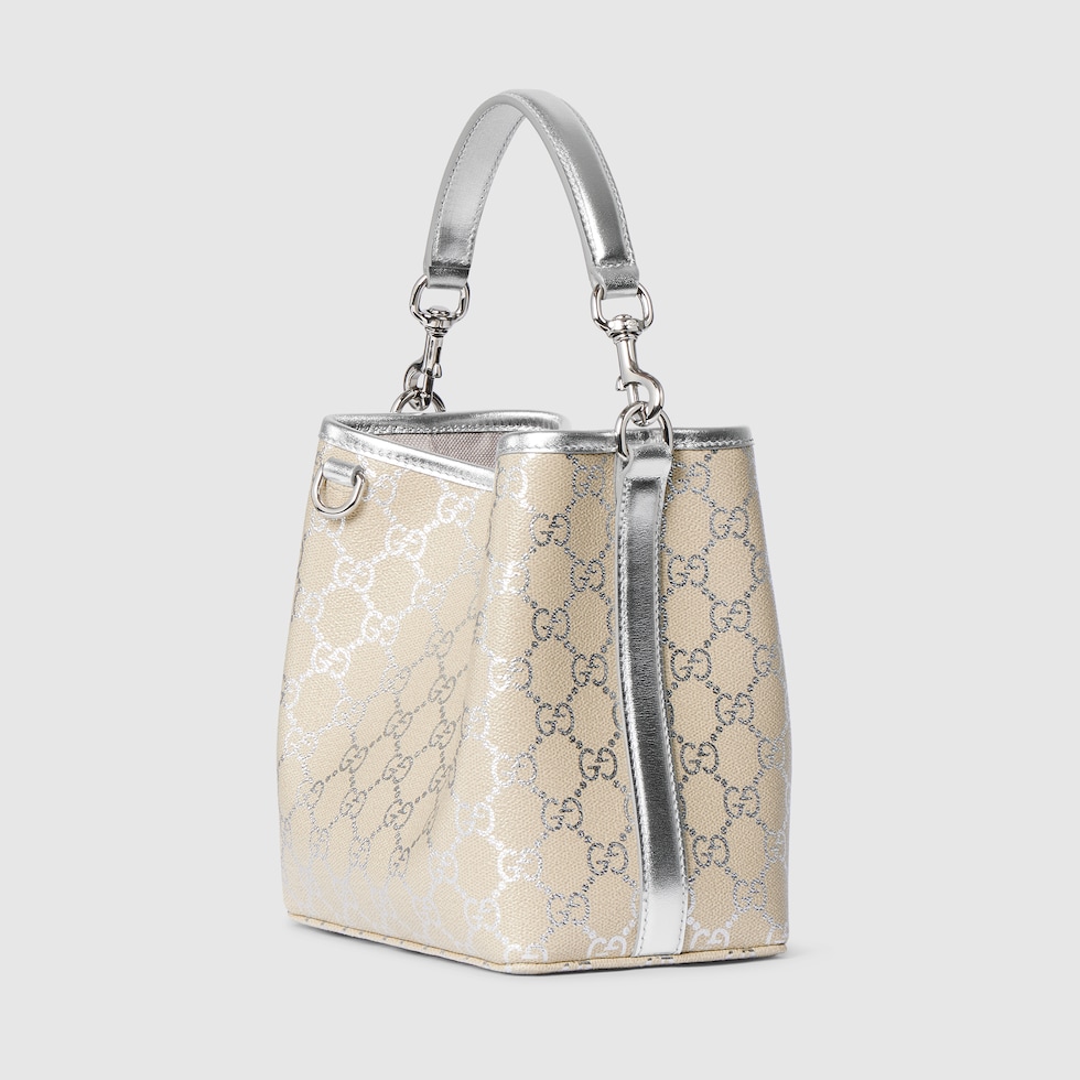 GG Emblem small bucket bag in silver GG fabric | GUCCI® US
