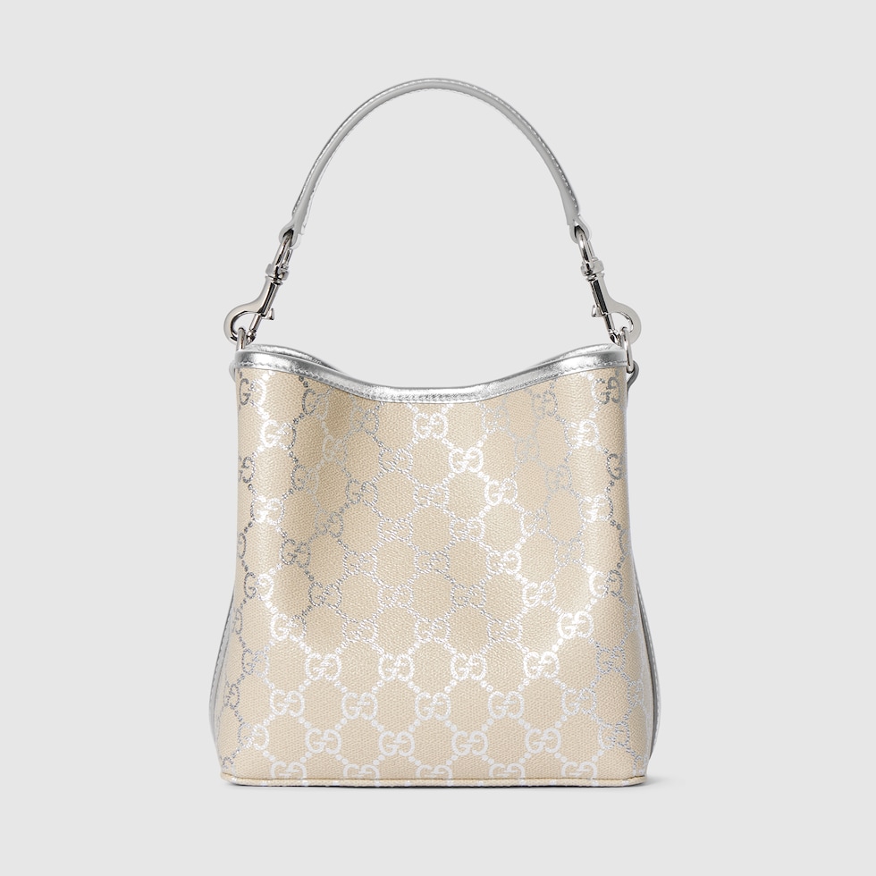 GG Emblem small bucket bag in silver GG fabric | GUCCI® US