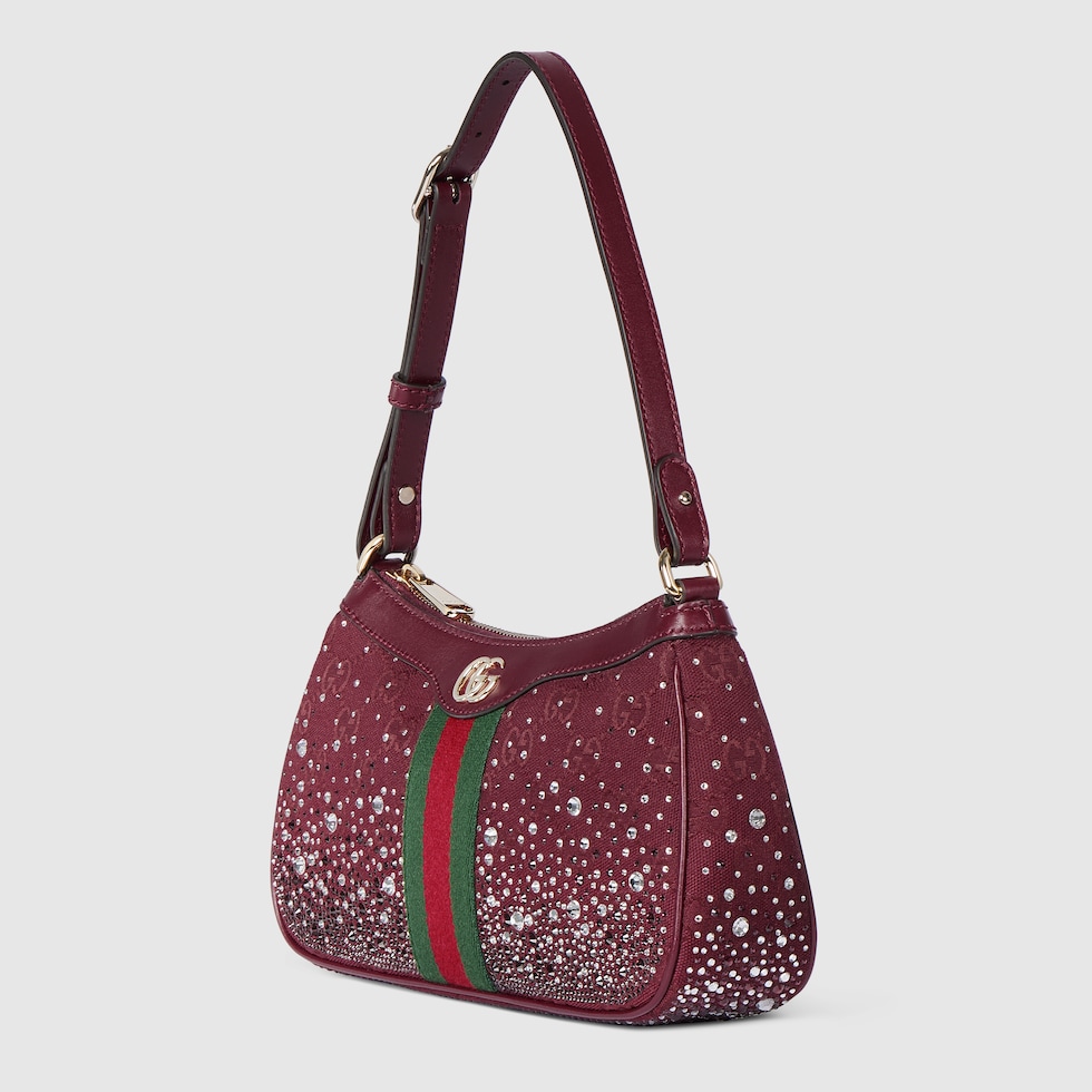 Kleine Ophidia Schultertasche mit Kristallen in GG Canvas in Rosso ...