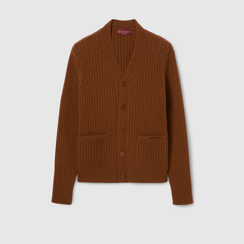 Cardigan in maglia di lana e cashmere a coste in marrone | GUCCI® IT