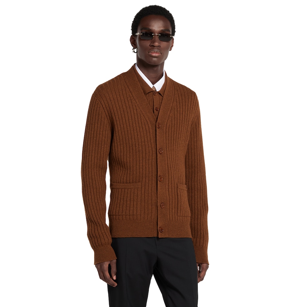 Cardigan in maglia di lana e cashmere a coste in marrone | GUCCI® IT