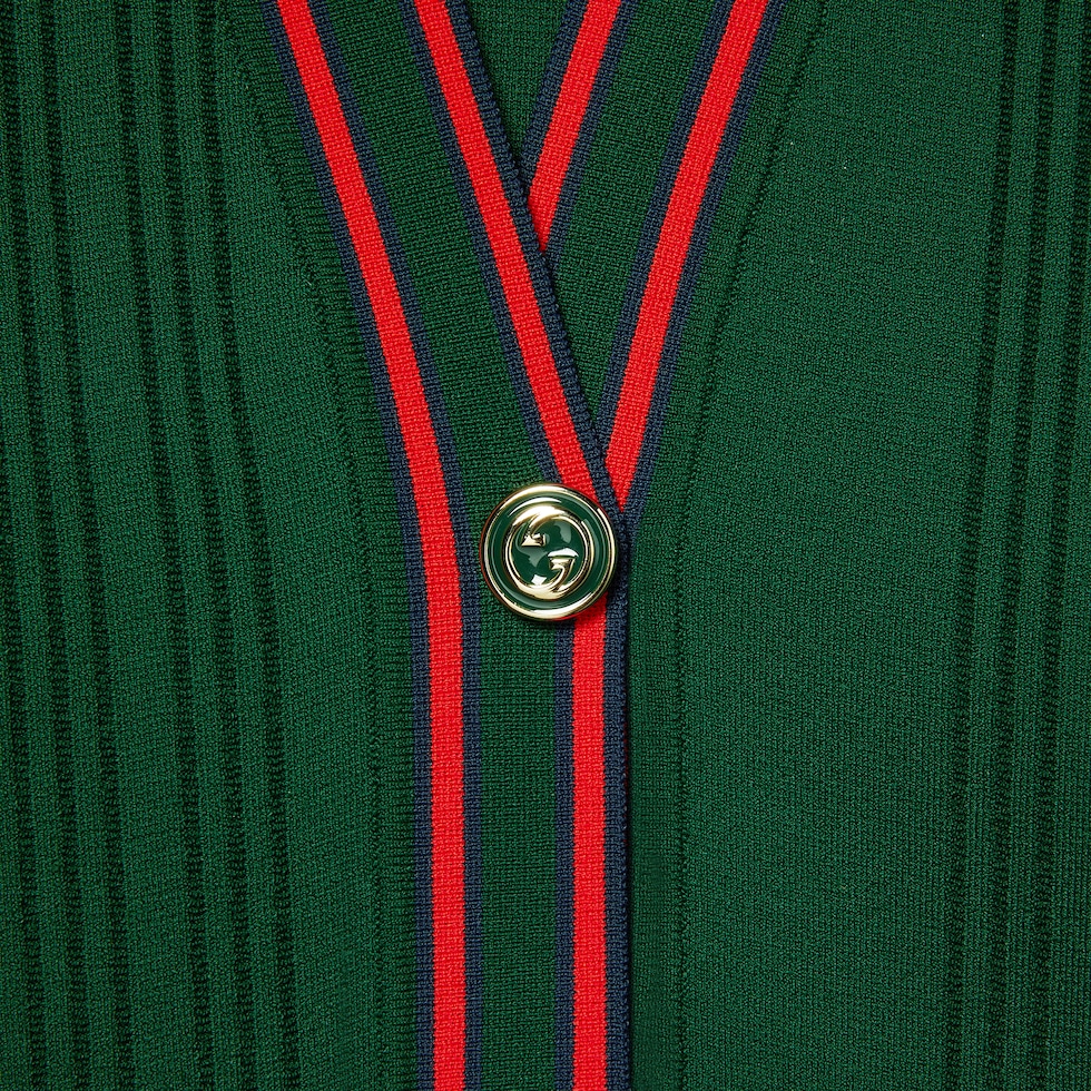 Cardigan with striped trim in dark green | GUCCI® US