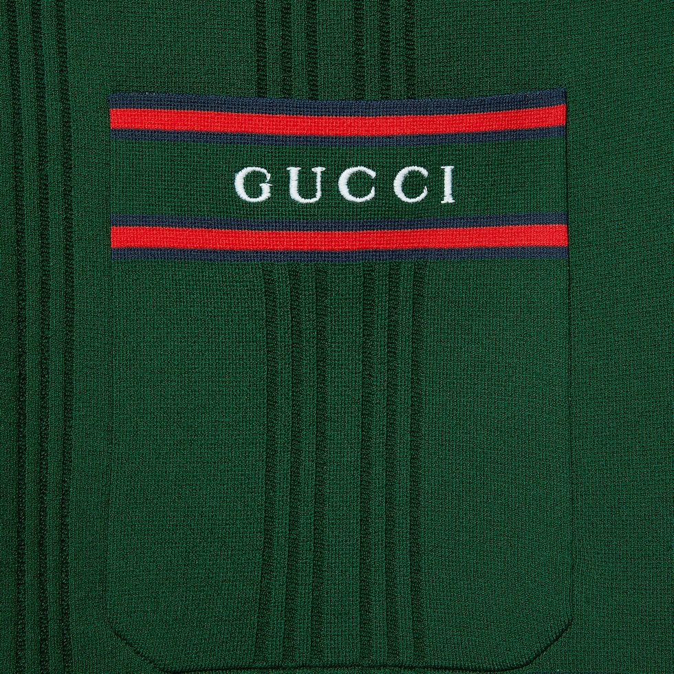 Cardigan with striped trim in dark green | GUCCI® US