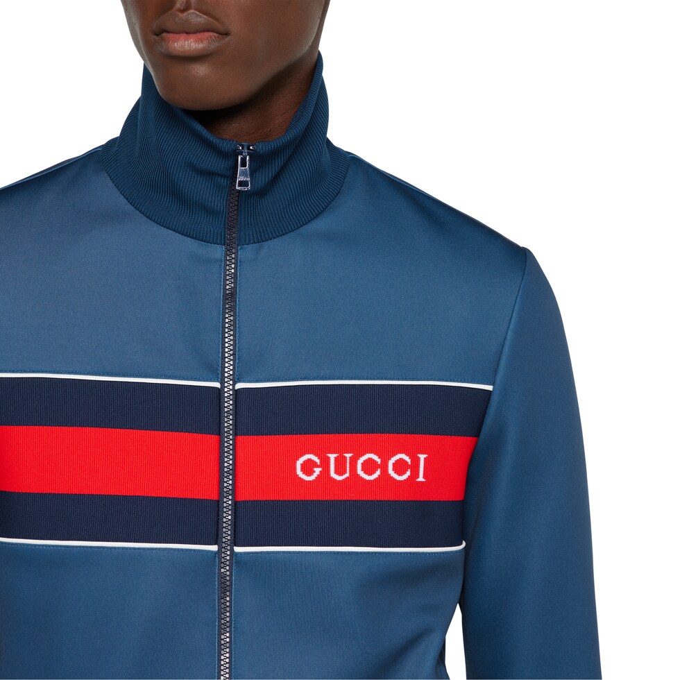 Neoprene zipped jacket with Web in dark blue | GUCCI® ZA