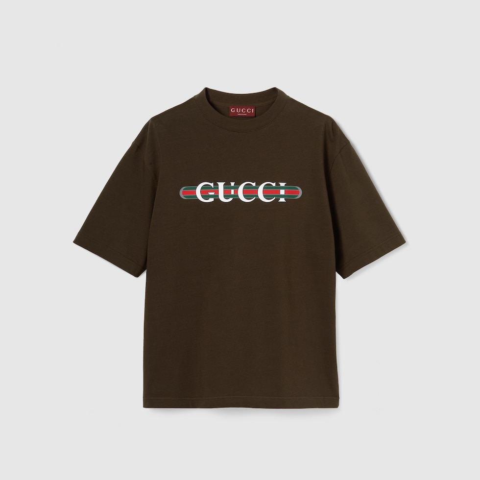 Printed cotton jersey T-shirt in brown | GUCCI® DE