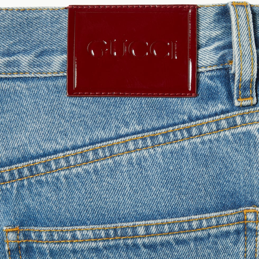 Wide leg denim pants in light blue | GUCCI® UK
