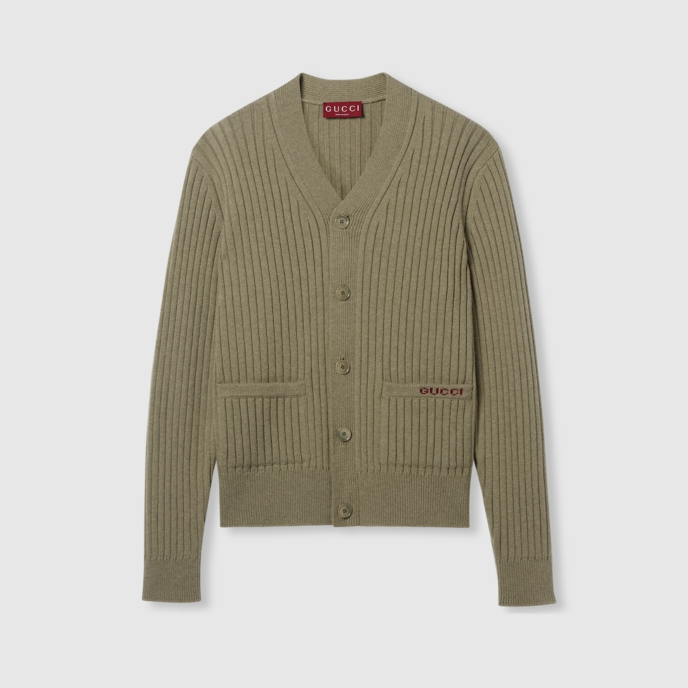 Cardigan in maglia di lana e cashmere a coste in verde chiaro | GUCCI® IT