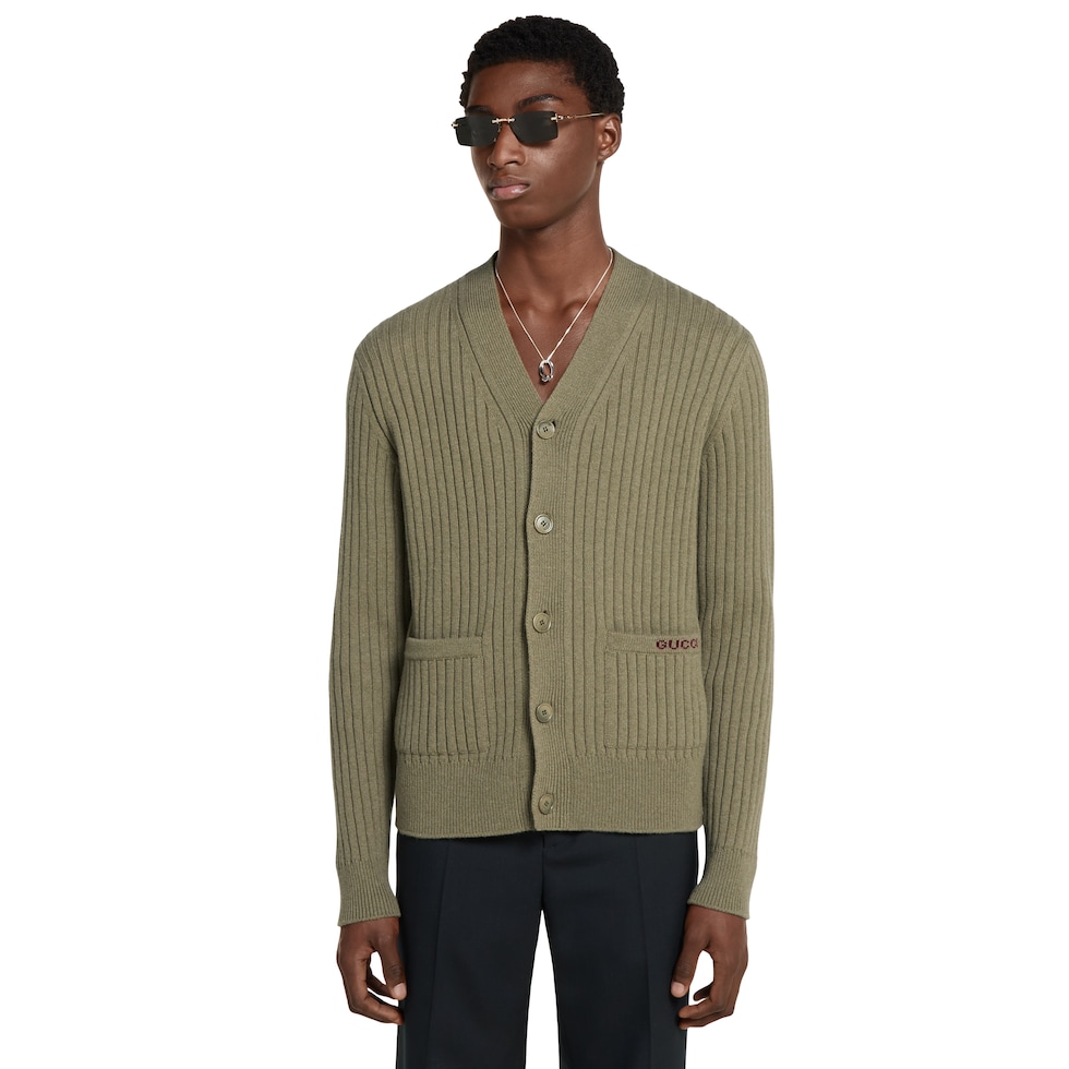 Cardigan in maglia di lana e cashmere a coste in verde chiaro | GUCCI® IT
