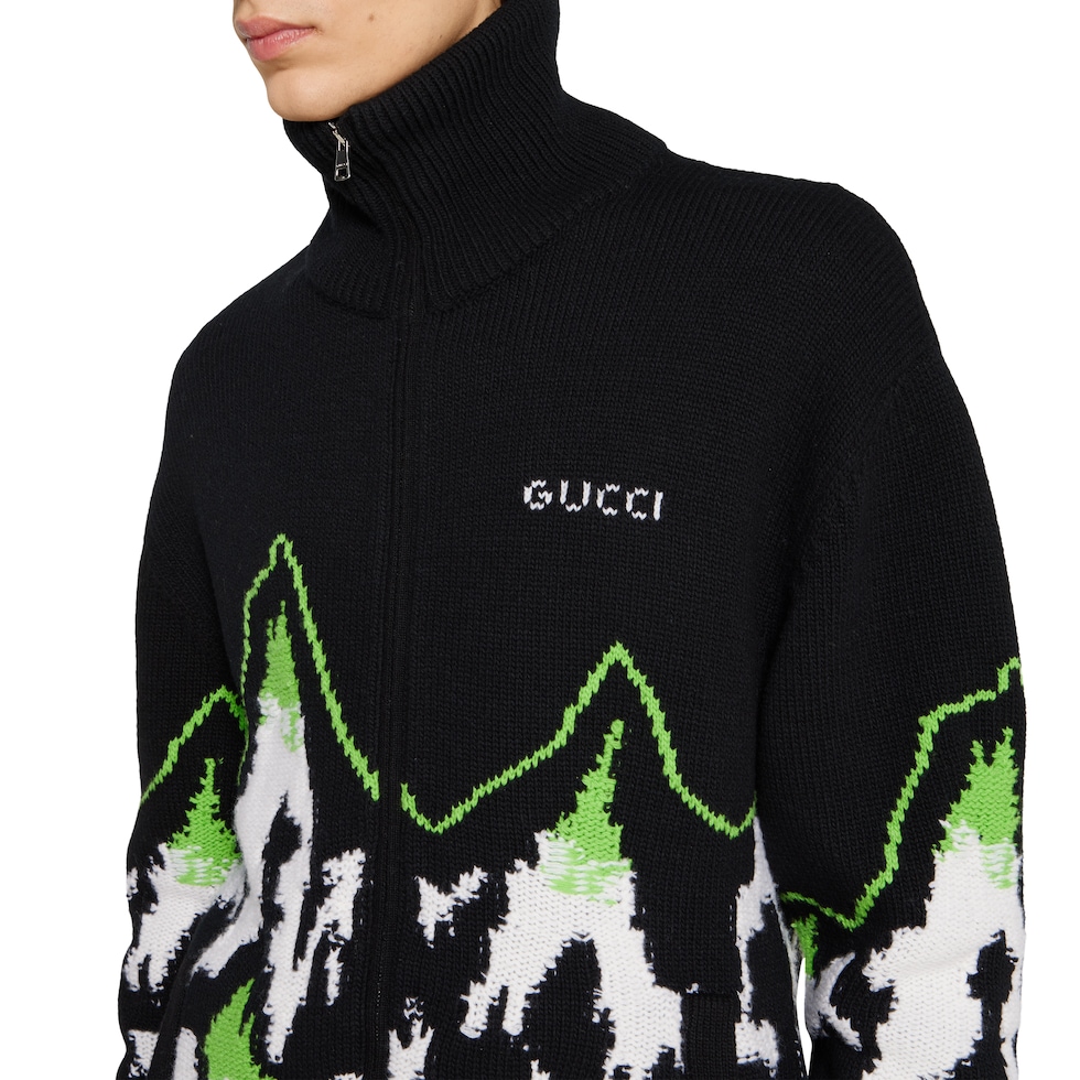 Wool jacquard zip jacket with intarsia in black and multicolor | GUCCI® UK