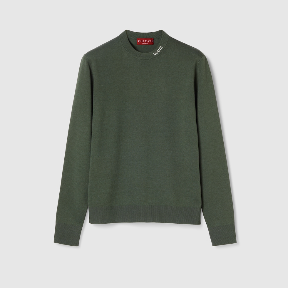 Maglione in maglia di cotone e seta con intarsio in verde bosco | GUCCI® IT