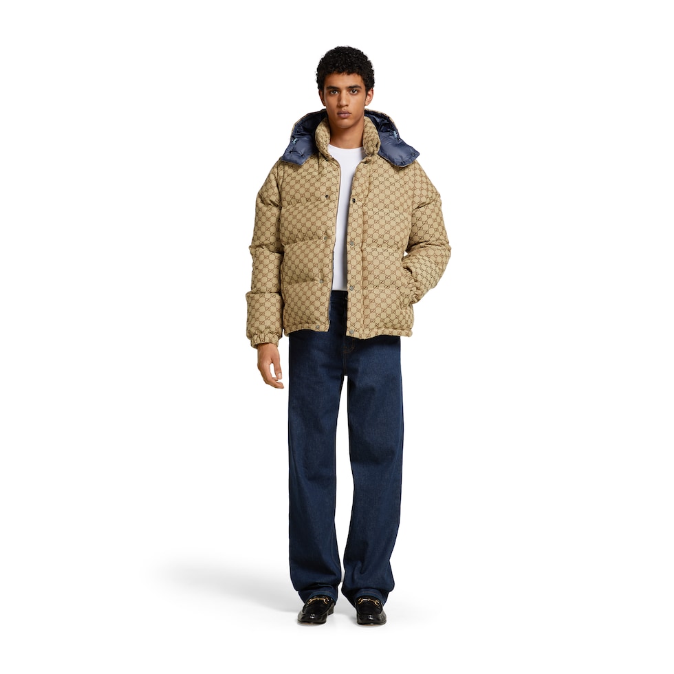 GG canvas down jacket in camel and dark brown | GUCCI® UK